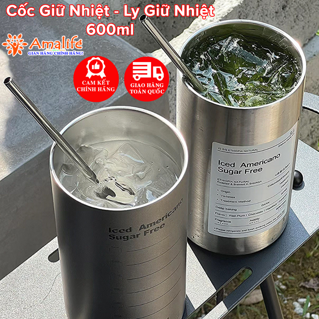 Bình Đựng Nước Giữ Nhiệt Inox Iced Americano Có Ống Hút Dung Tích 600ml, Cốc Ly Giữ Nhiệt Cà Phê ...