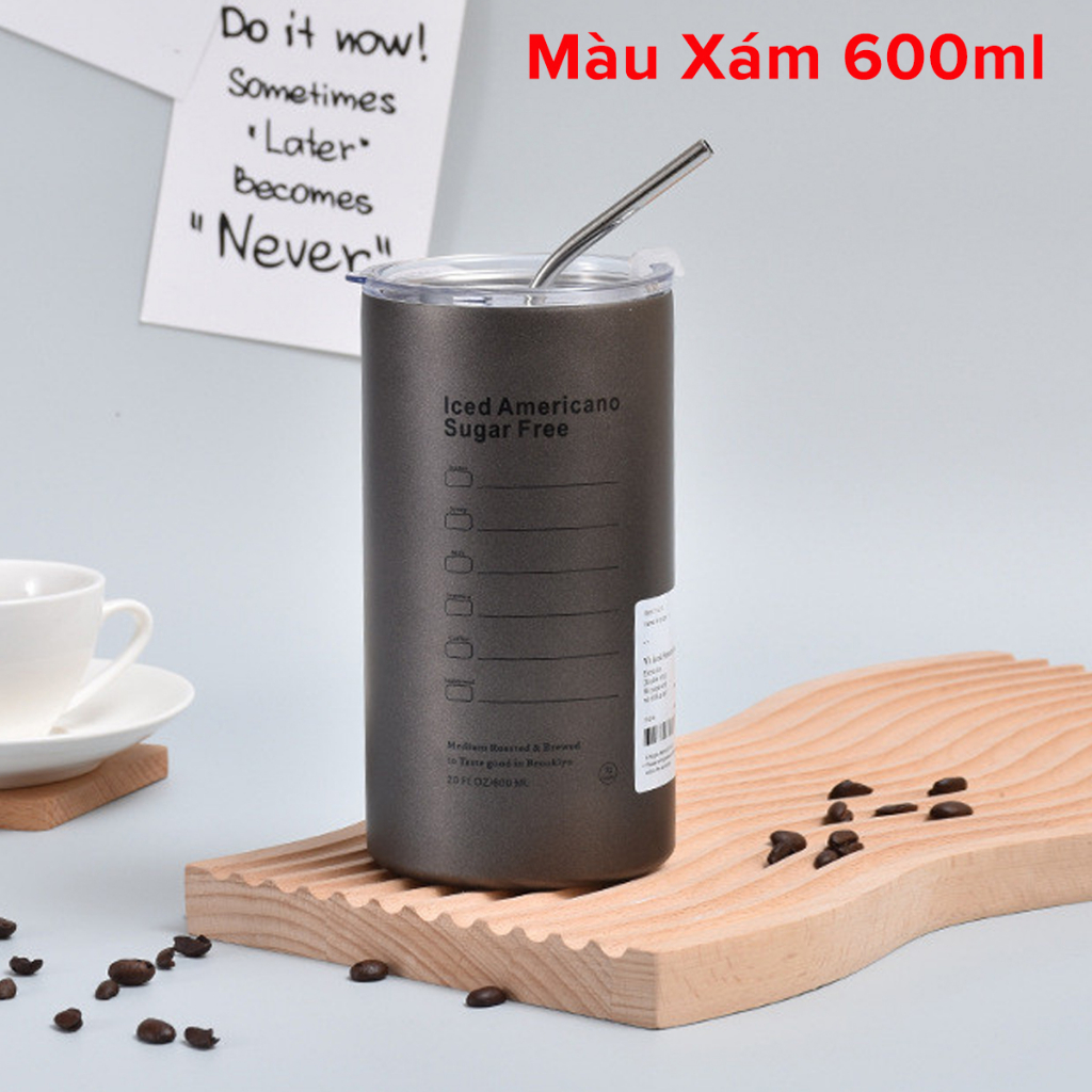 Bình Đựng Nước Giữ Nhiệt Inox Iced Americano Có Ống Hút Dung Tích 600ml, Cốc Ly Giữ Nhiệt Cà Phê ...