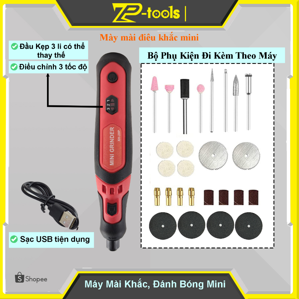 Máy mài khuôn, mài đánh bóng mini 28P - 3 chế độ, sạc pin. Bộ 28 chi tiết. Cắt, khắc, phay, mài ...