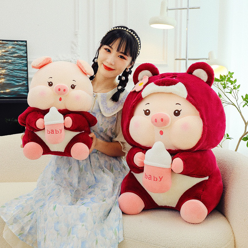 Gấu Bông Heo Cosplay Gấu Dâu Cầm Bình Sữa, Heo Sữa Mặc Áo Lotso mũ cởi ...