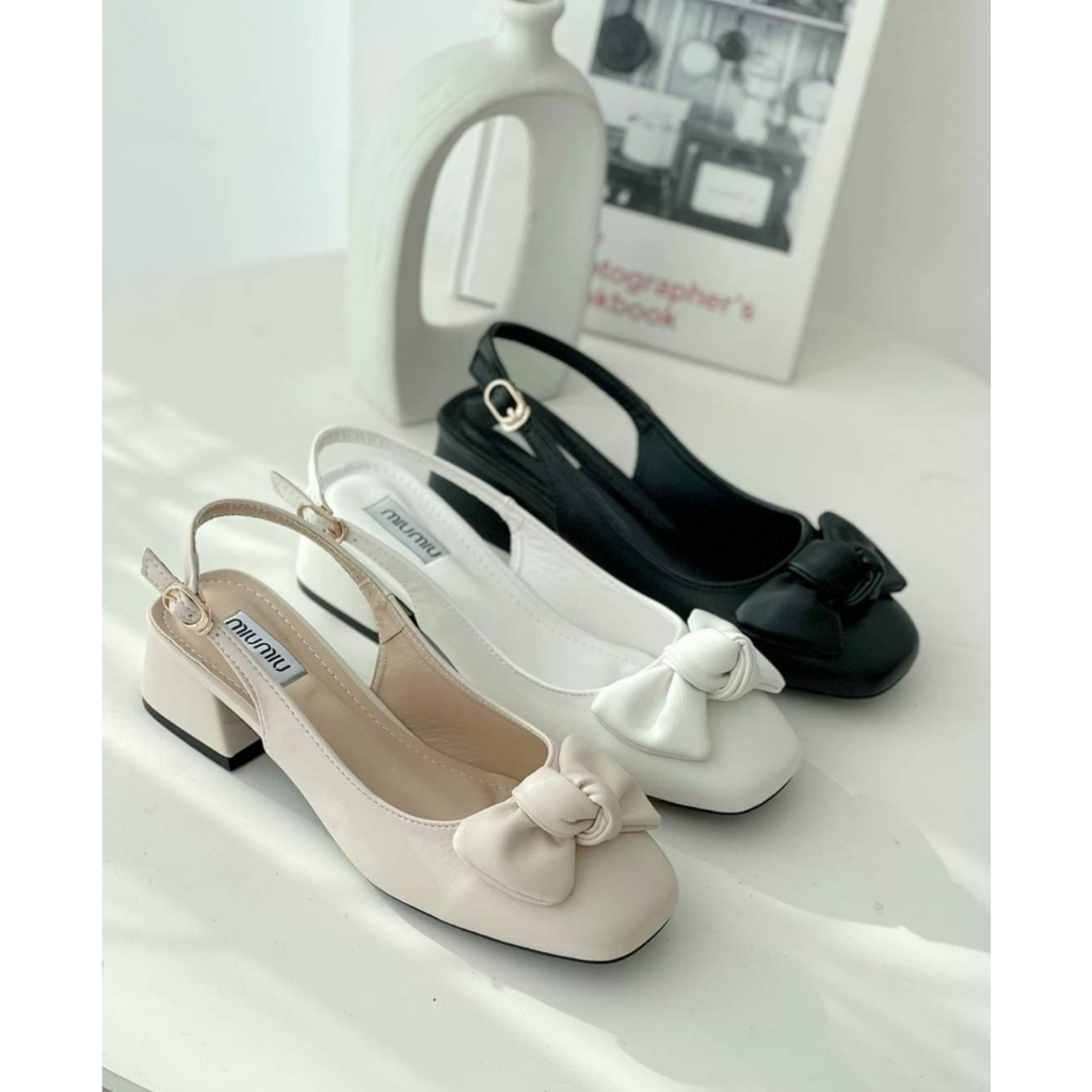 Giày sandal dáng slingback nữ mũi tròn đen phối nơ xinh xắn đế 3cm 2 ...