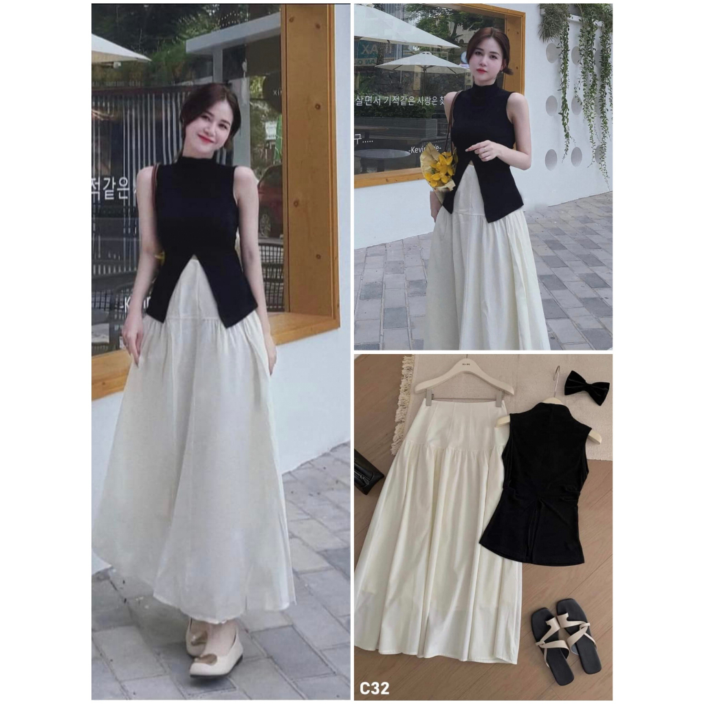 [Hàng 3 Size]: Set Áo Đen Bo Zip Sát Nách Xẻ Trước + Chân Váy Đũi Sần Xèo Dài Đi Chơi ,Du Lịch ...