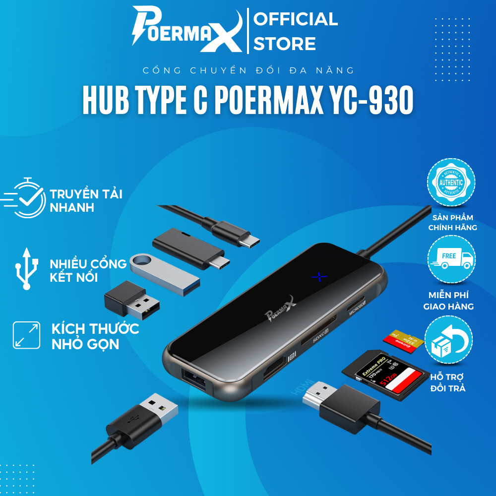 Hub Type C Poermax YC-930 cổng chuyển đổi đa năng type C 8 in 1 có cổng cắm thẻ nhớ, SD, HDMI 4k ...