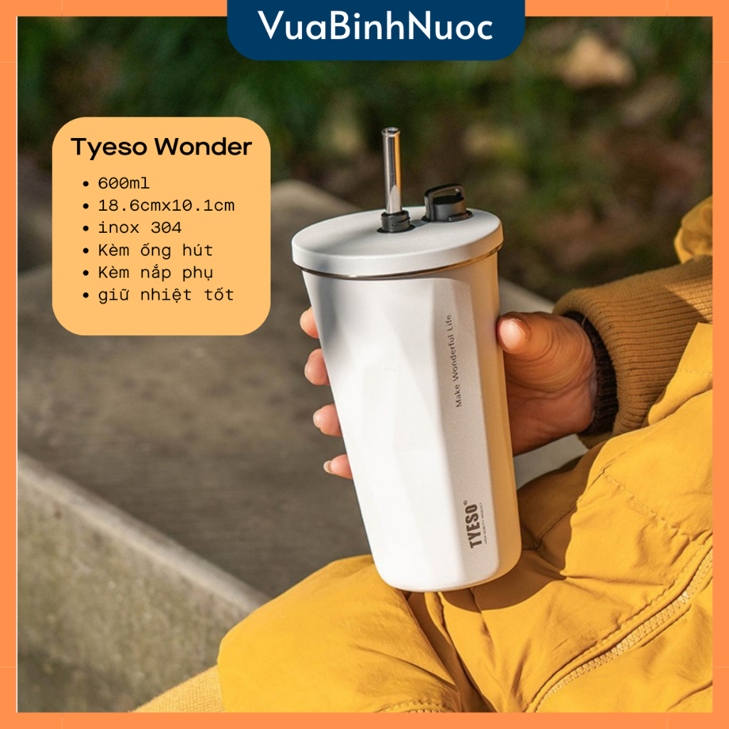 Ly giữ nhiệt Tyeso Wonder 600ml bình giữ nhiệt có ống hút inox 304 kèm ống hút, nắp phụ ...