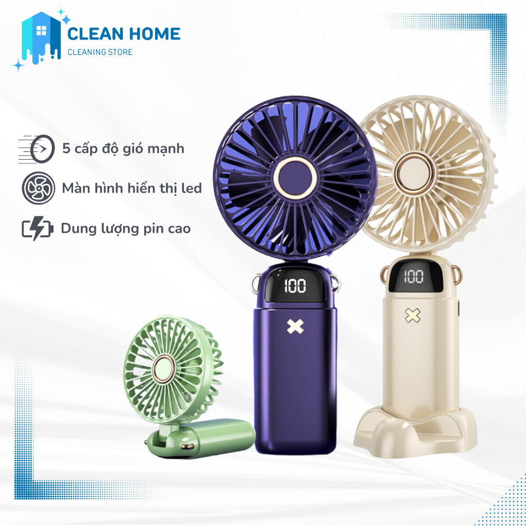 Quạt Cầm Tay Mini Gấp Gọn Sạc Tích Điện 5 Cấp Độ Gió Dung Lượng Pin 6000mAh Tích Điện Đèn Led ...