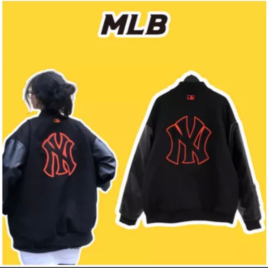 Áo khoác bomber MLB NY phối tay da chất dạ- Áo bomber nam nữ form chuẩn logo thêu cao cấp ...
