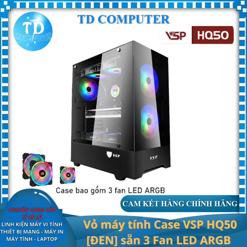Vỏ máy tính Case VSP HQ50 [ĐEN] sẵn 3 Fan LED ARGB Gaming Kính cường lực (ATX, Micro-ATX, ITX ...