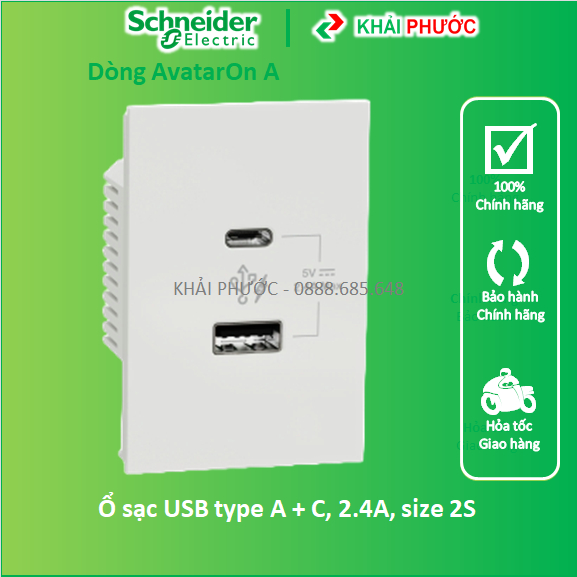 Ổ cắm sạc USB type A + C 2.4A size 2S Schneider AvatarOn A M3T_USB2_WE ...