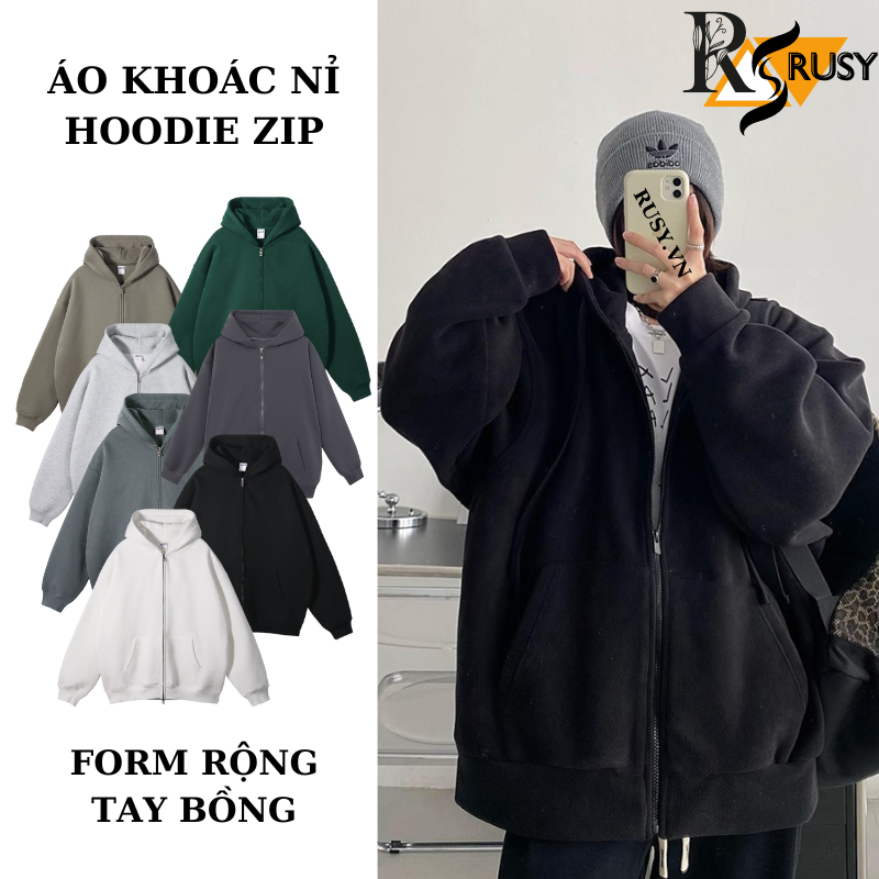 Áo khoác hoodie nỉ khoá zip tay phồng trơn unisex áo cặp cao cấp màu ...
