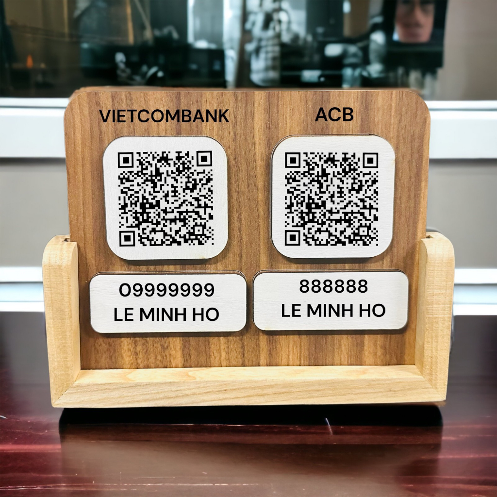Bảng QR Code để bàn chất liệu gỗ Sồi cắt khắc laser (tặng kèm chân đế ...