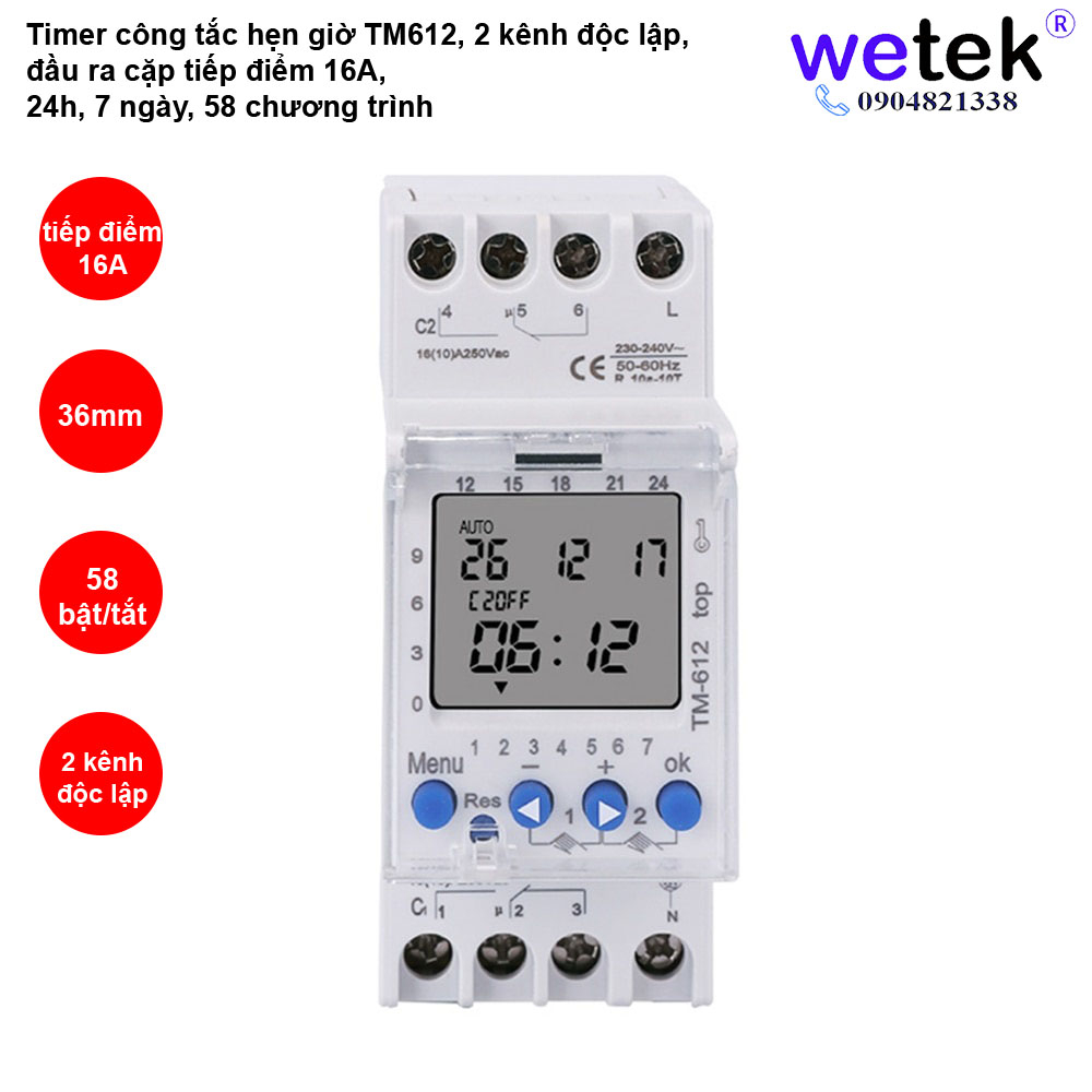 TM612 Timer 24h 7 ngày, 2 kênh độc lập, 16A, 220V màn hình LCD, đa chức ...