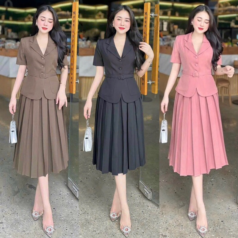 Set công sở áo peplum cổ vest váy dập li M-2XL | Shopee Việt Nam