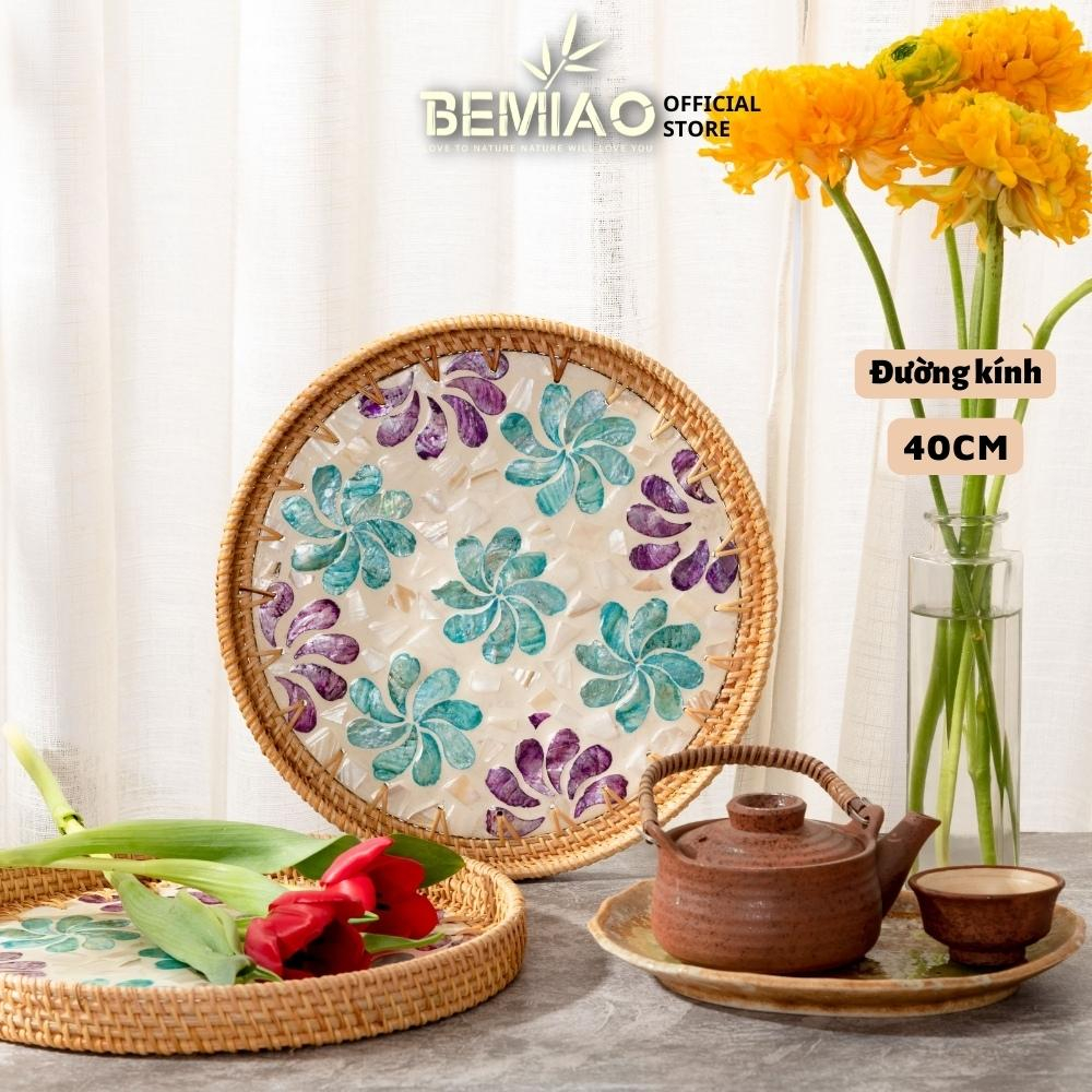 Khay mây khảm trai BEMIAO khay D40cm, khay đựng đồ đa năng, hoa quả, bánh mì, khay decor nhà cửa ...