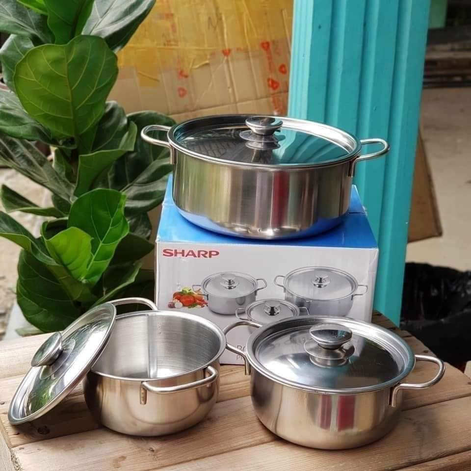 Bộ 3 nồi inox 410 của Sharp - Hàng khuyến mãi cao cấp của Sharp. Dùng được mọi loại bếp, kể cả ...