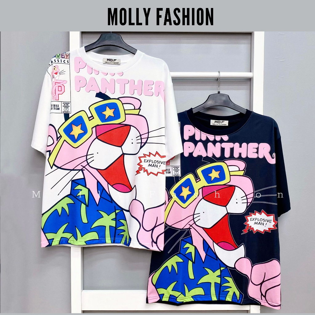 Áo thun tay lỡ unisex form rộng BÁO HỒNG freesize | in hoạt hình mặc nhóm/ đi chơi Molly Fashion ...