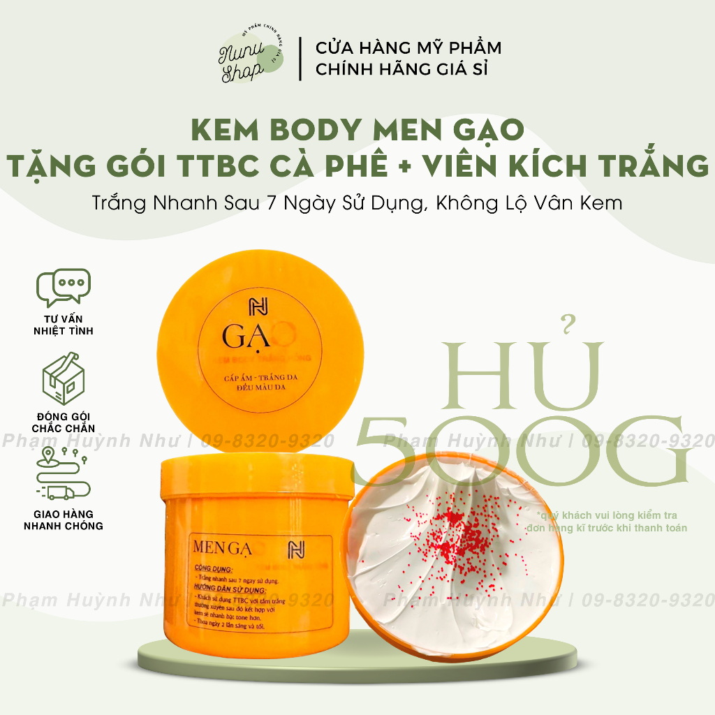 KEM BODY MEN GẠO 500GRAM (Tặng 1 bịch tẩy tế bào chết + viên kích trắng ...