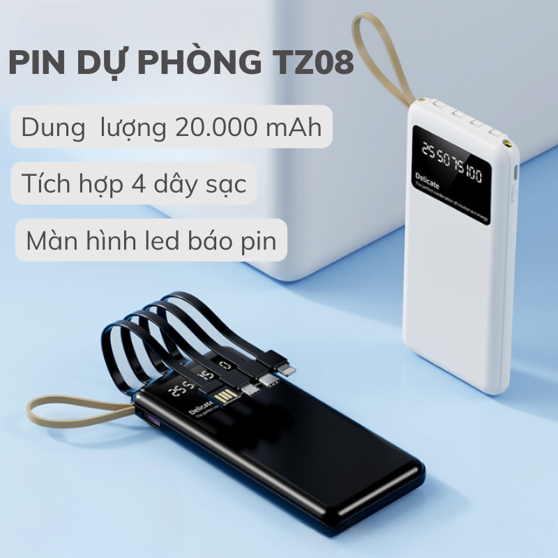 Sạc Dự Phòng TZ08 dung lượng 20000mah Chính hãng , Tích Hợp 4 Dây Sạc ...
