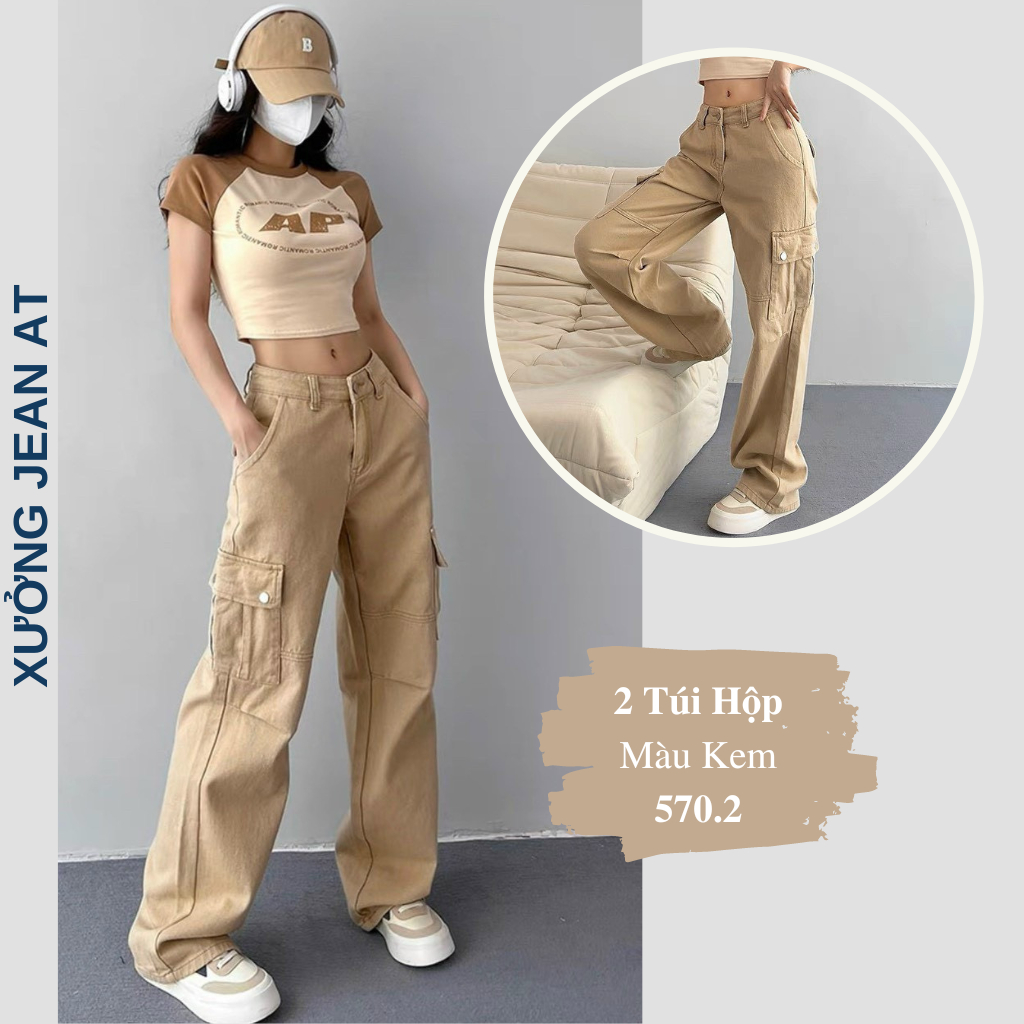 Quần Kaki Nữ Ống Rộng Túi Hộp Cargo 3 Màu Cá Tính Quần Suông Ống Rộng 5187