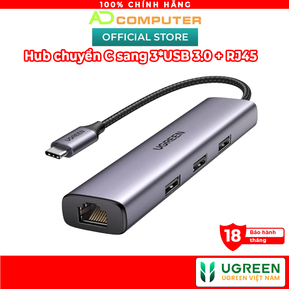 Hub chia USB Type-C to 3 cổng USB 3.0 Type-A kèm Lan Gigabit, vỏ nhôm ...