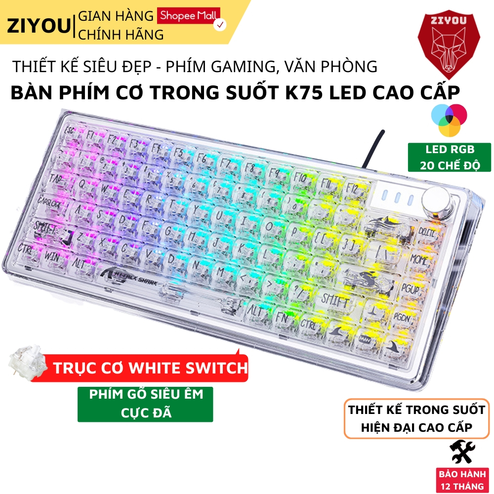 Bàn Phím Cơ Máy Tính Trong Suốt Gaming Ziyou K75 LED Pro RGB White Switch Có HOTSWAP | Shopee ...