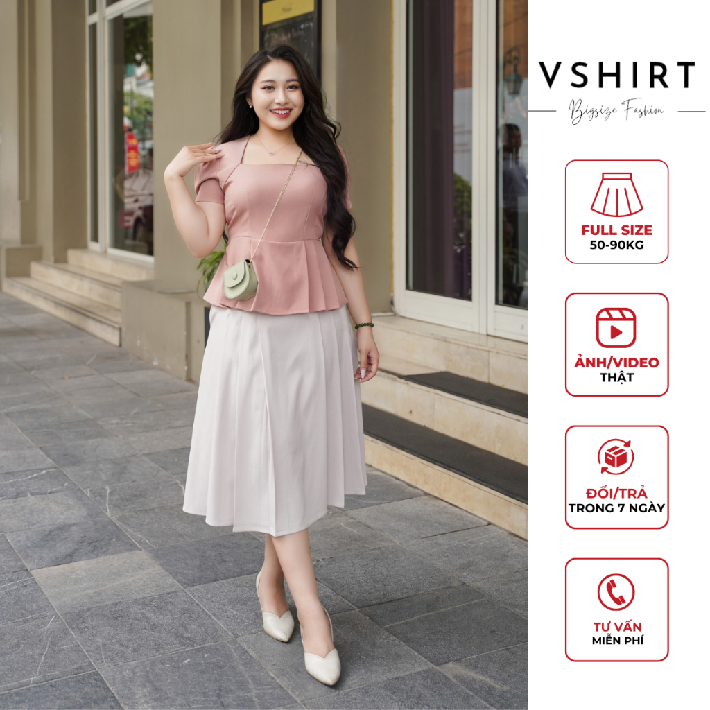 Áo cổ vuông tay bồng hồng và Chân váy cạp xếp ly bigsize (50kg đến 90kg) VSHIRT | Shopee Việt Nam