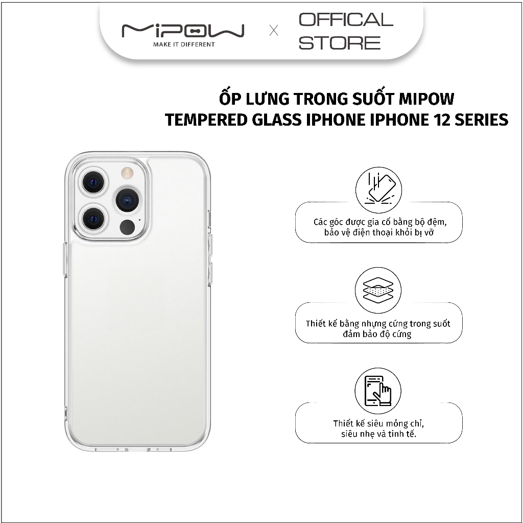 Ốp lưng trong suốt Mipow Tempered Glass cho iPhone 12 Pro Max, 12 Pro ...