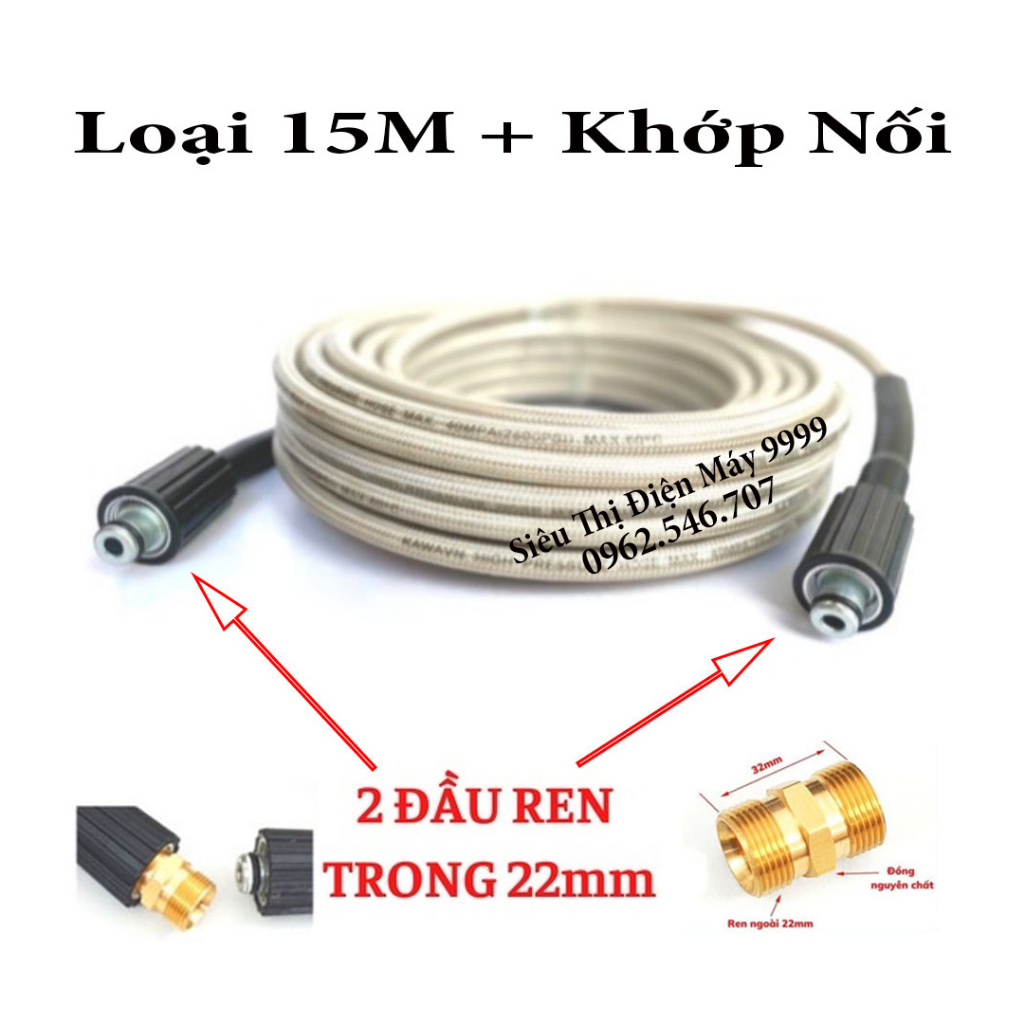Dây Xịt Rửa Xe Áp Lực Cao 3 Lớp Lõi 10M- 15M- 20M- 30M [ Ren 22mm-22mm ] - Kèm Khớp Nối Dây Bằng ...