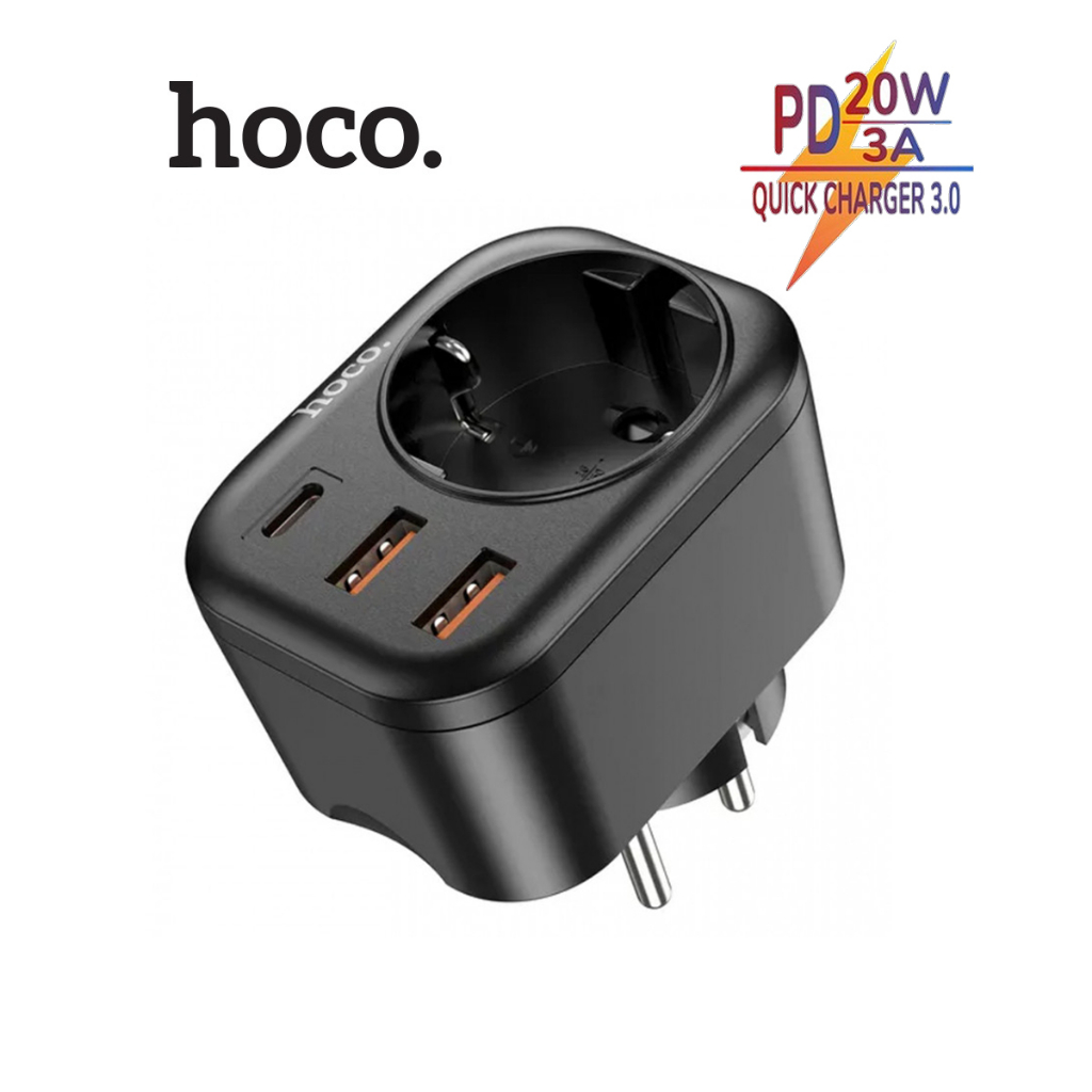 Ổ sạc điện Hoco NS3 chân tròn cổng Type-C và 2 cổng USB công suất 4000W chất liệu PC cao cấp ...