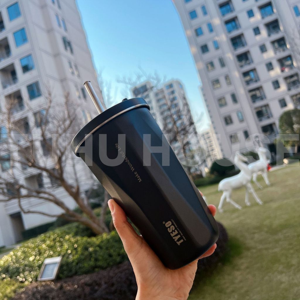 Ly bình giữ nhiệt khắc tên TYESO 600ml inox 304 cao cấp chống gỉ, ly cốc giữ nhiệt có ống hút ...