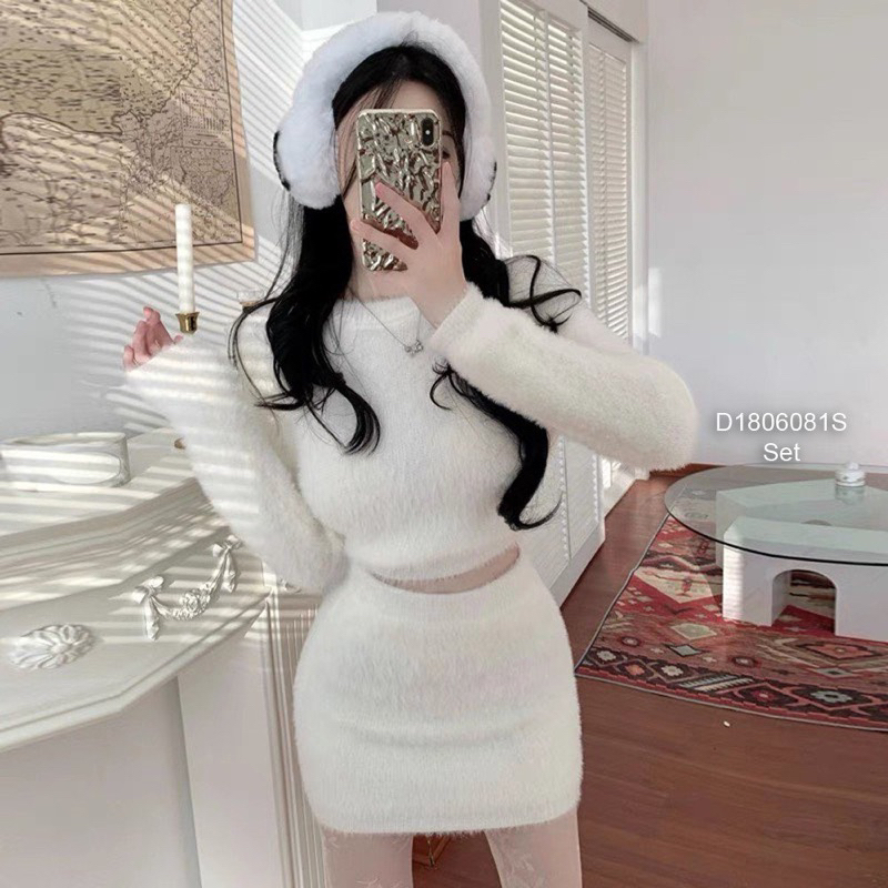 Set len lông thỏ áo tay dài phối chân váy ngắn hàng QC | Shopee Việt Nam