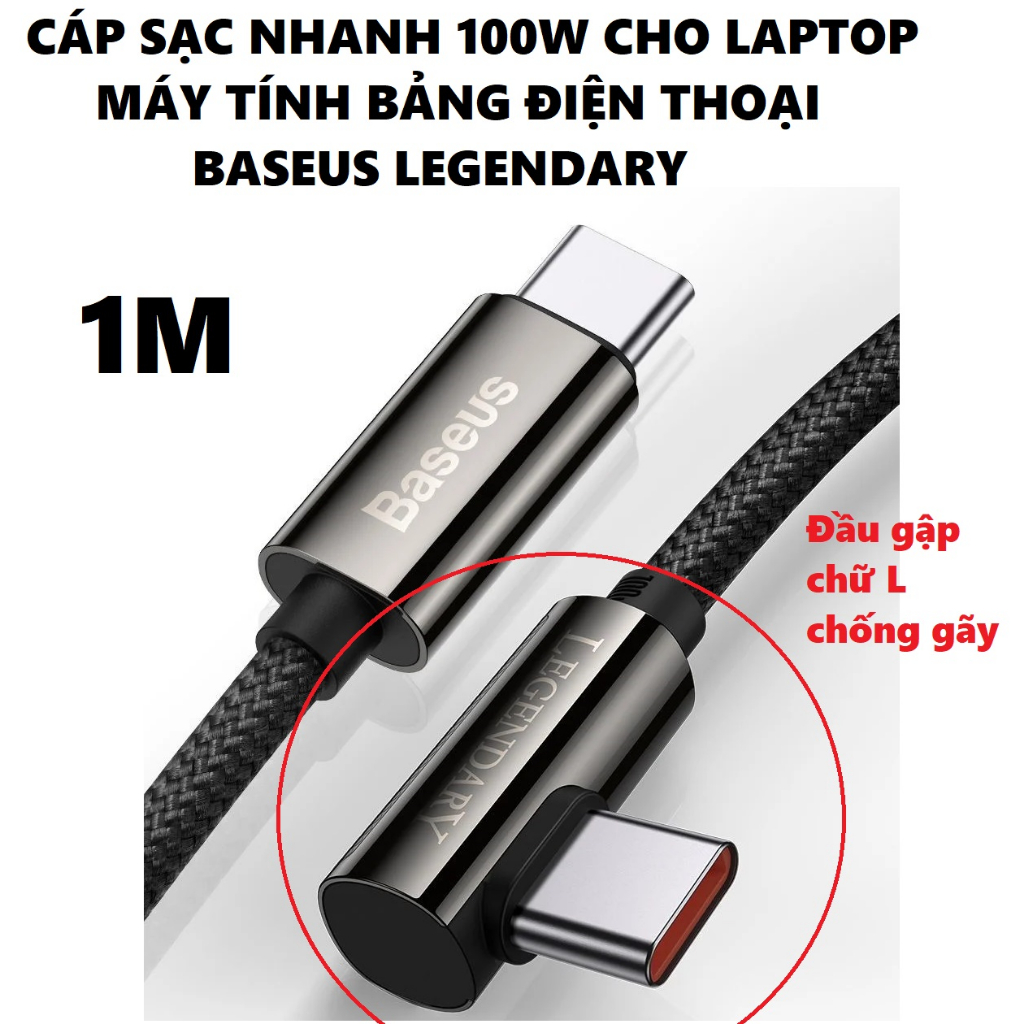 [C to C] Dây sạc nhanh 2 đầu type C 100W đầu chữ L chống gãy cho laptop máy tính bảng đt Baseus ...