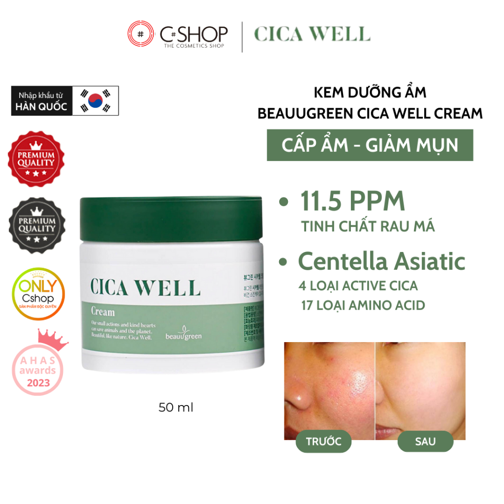 Kem dưỡng ẩm làm dịu da chiết xuất rau má Beauugreen Cica Well Cream ...
