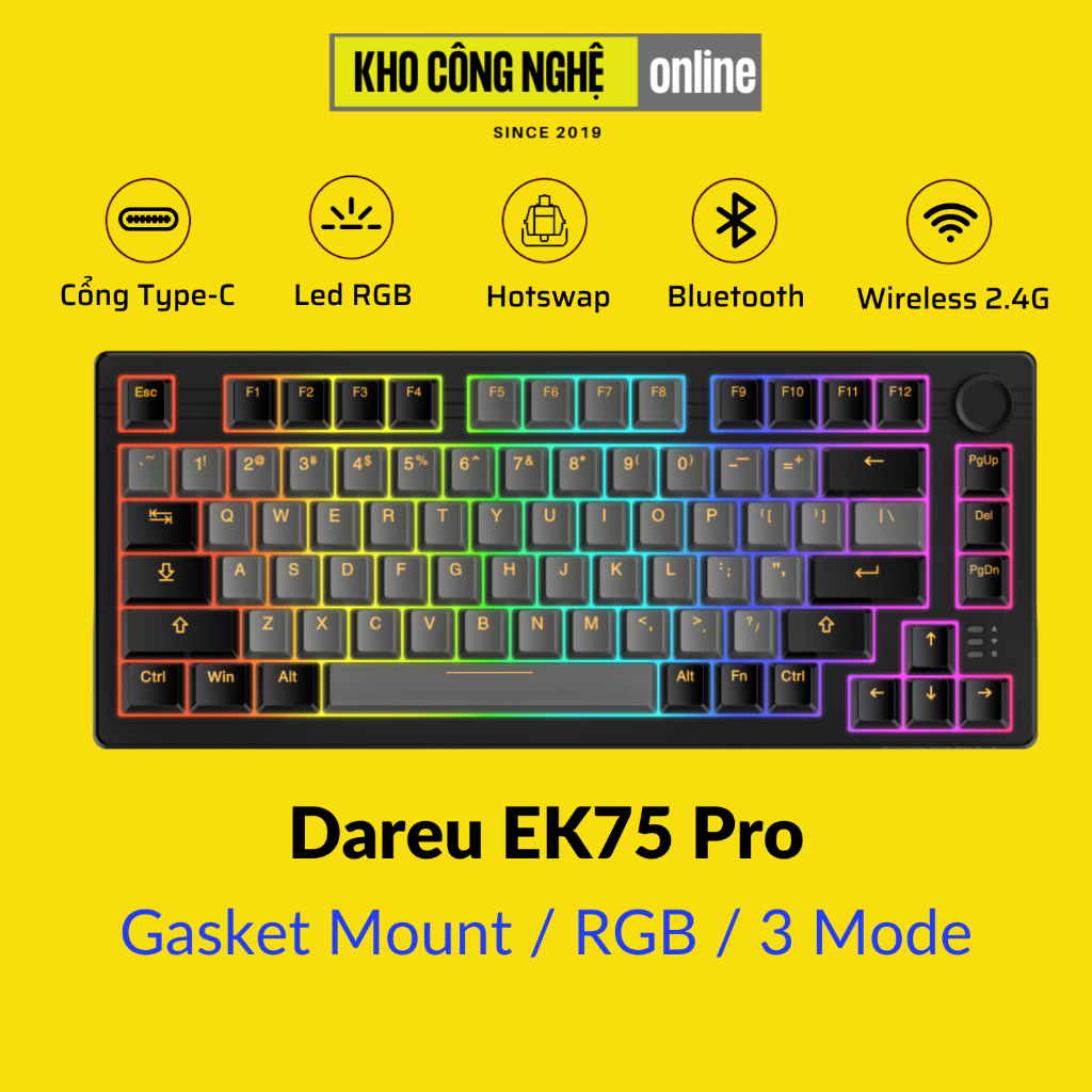 EK75 PRO - Bàn phím cơ DAREU EK75 PRO BLACK GOLDEN / EK75 Black White (3 Mode, Gasket Mount, Led ...