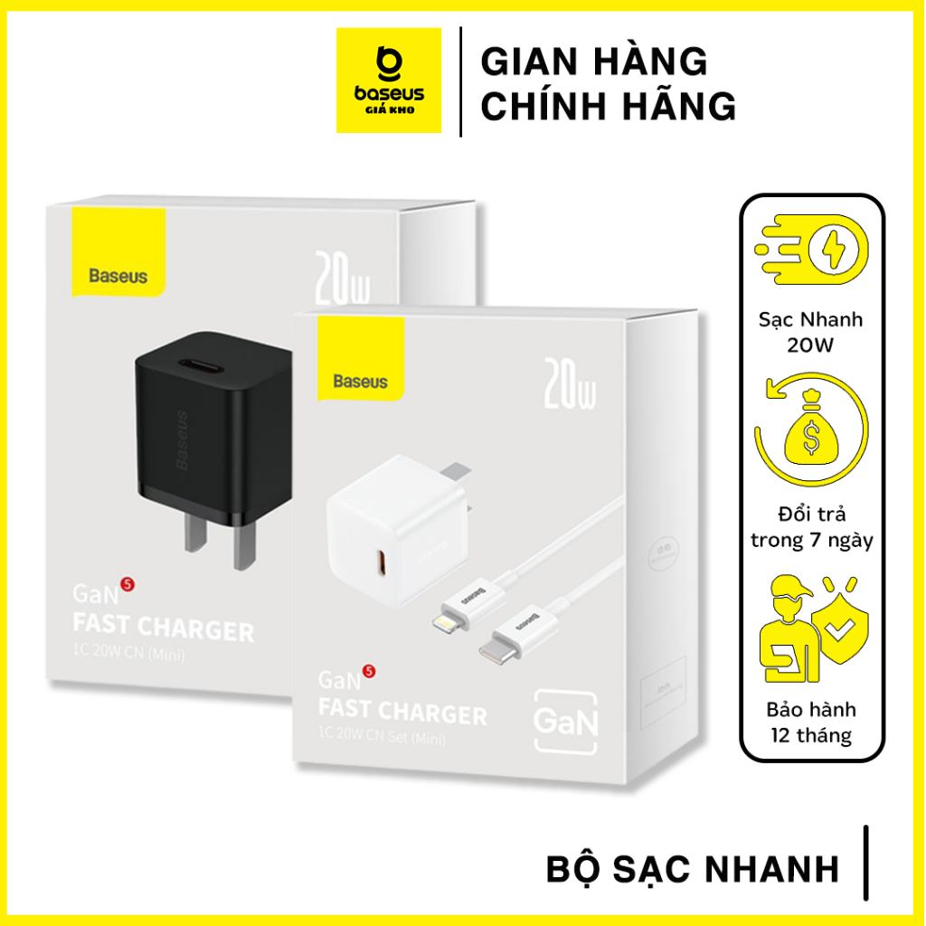 Bộ Sạc Nhanh Cho iPh 20W GaN 5 Baseus, Thiết Kế Nhỏ Gọn, Kiểm Soát Nhiệt Độ An Toàn Cho Thiết Bị ...
