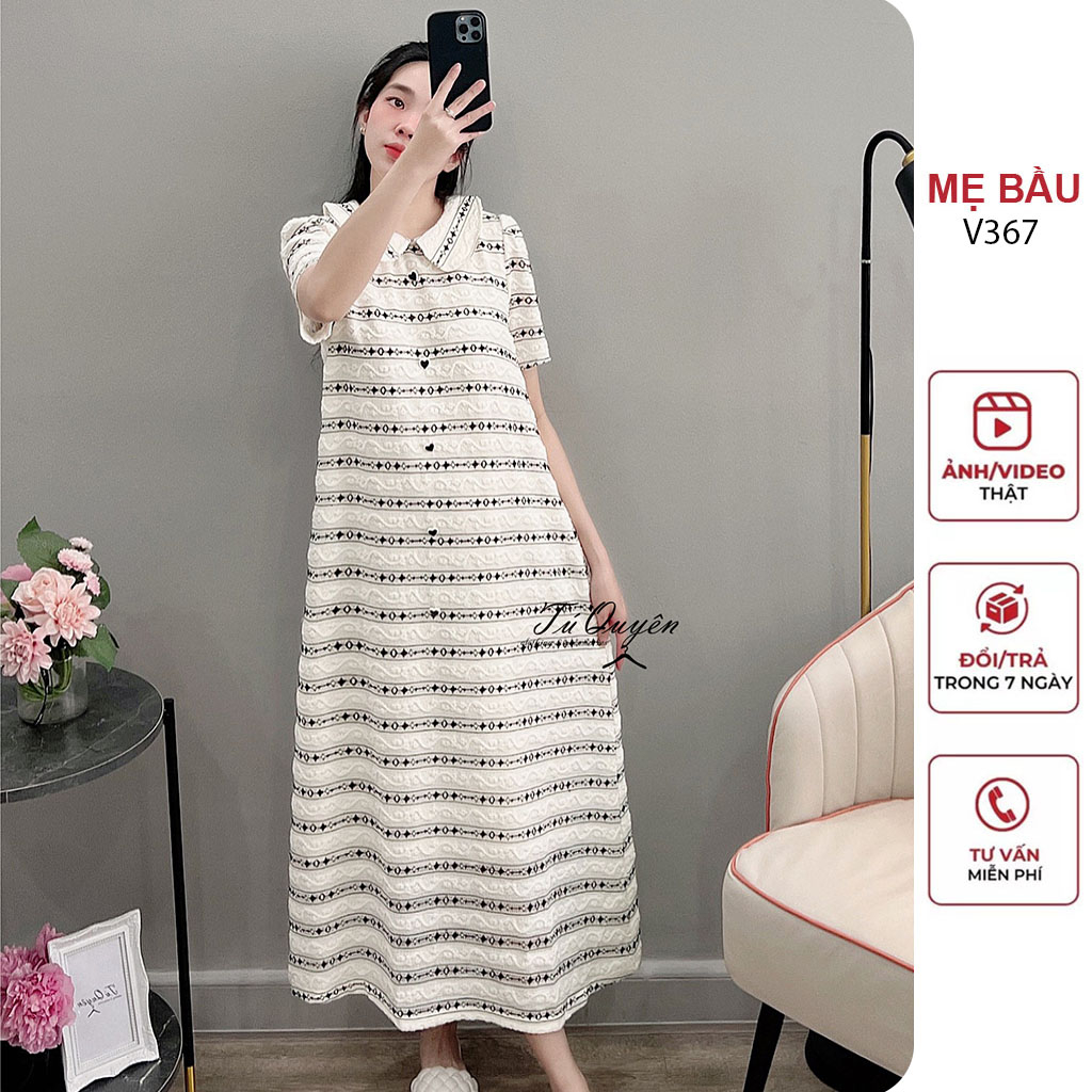 [V367] ĐẦM VÁY BẦU FREESIZE CỔ SEN HỌA TIẾT TRÁI TIM DÁNG SUÔNG TRẺ TRUNG - ĐẦM BẦU CÔNG SỞ XINH ...