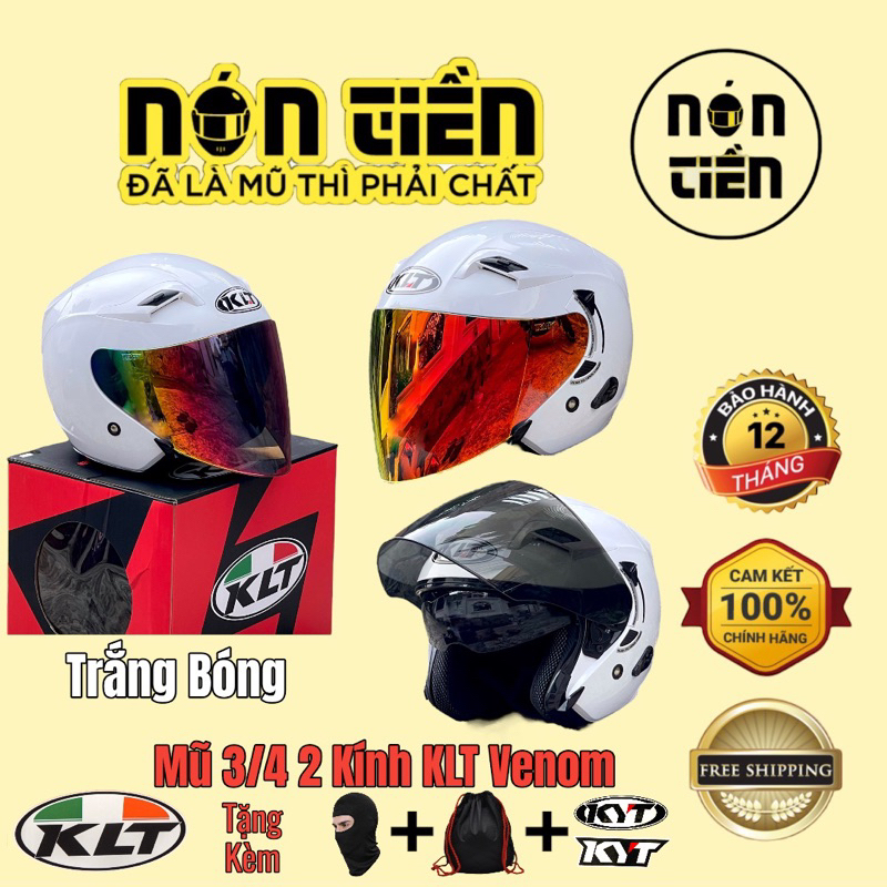 (Chọn Kính Màu, Tặng logo KYT) MŨ 3/4 2 KÍNH KLT VENOM TRẮNG BÓNG MỚI NHẤT 2023, KÈM TÚI ĐỰNG VÀ ...