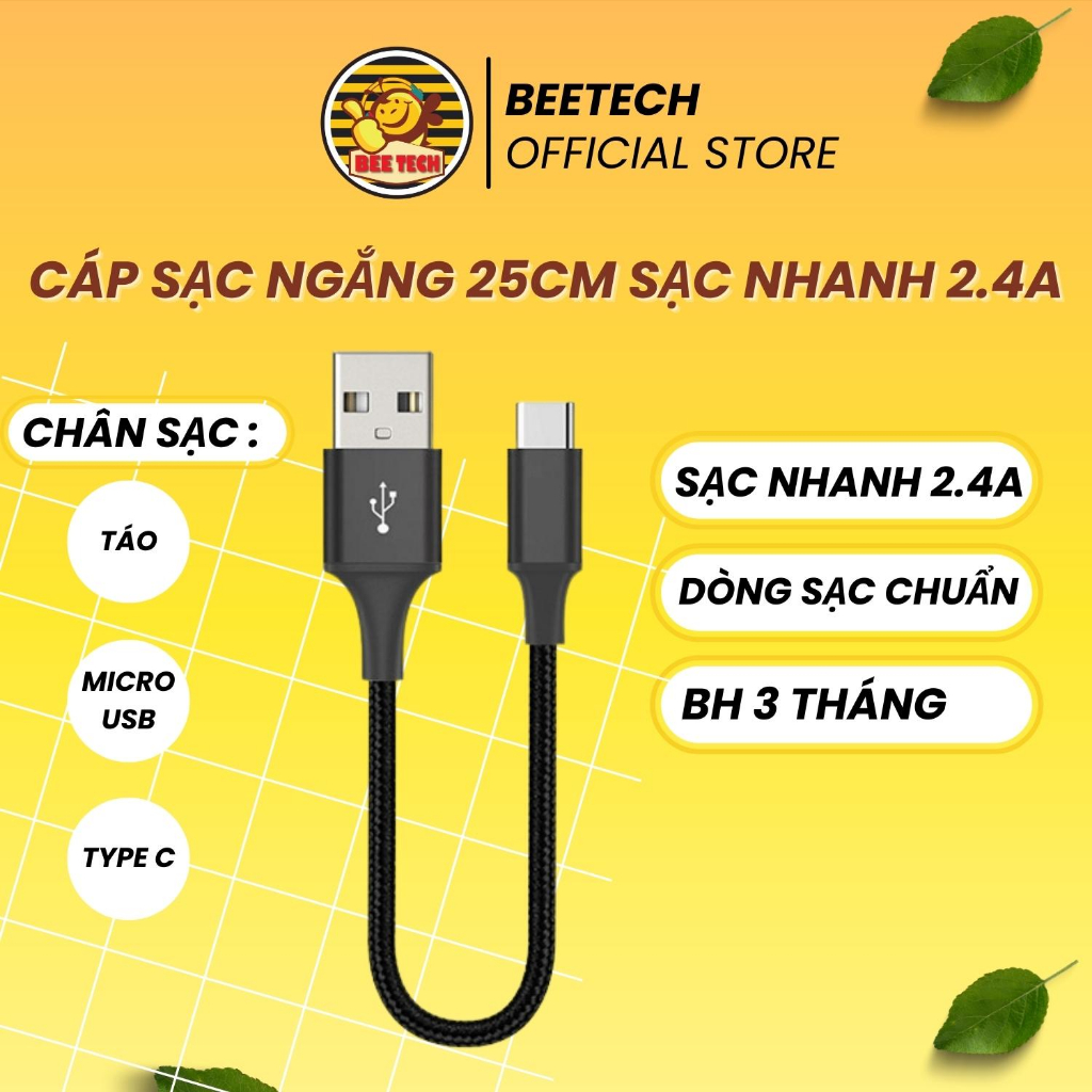 Cáp sạc ngắn bọc dù chân ip - micro usb - type c, dây sạc nhanh 2.4A dùng cho sạc dự phòng ...
