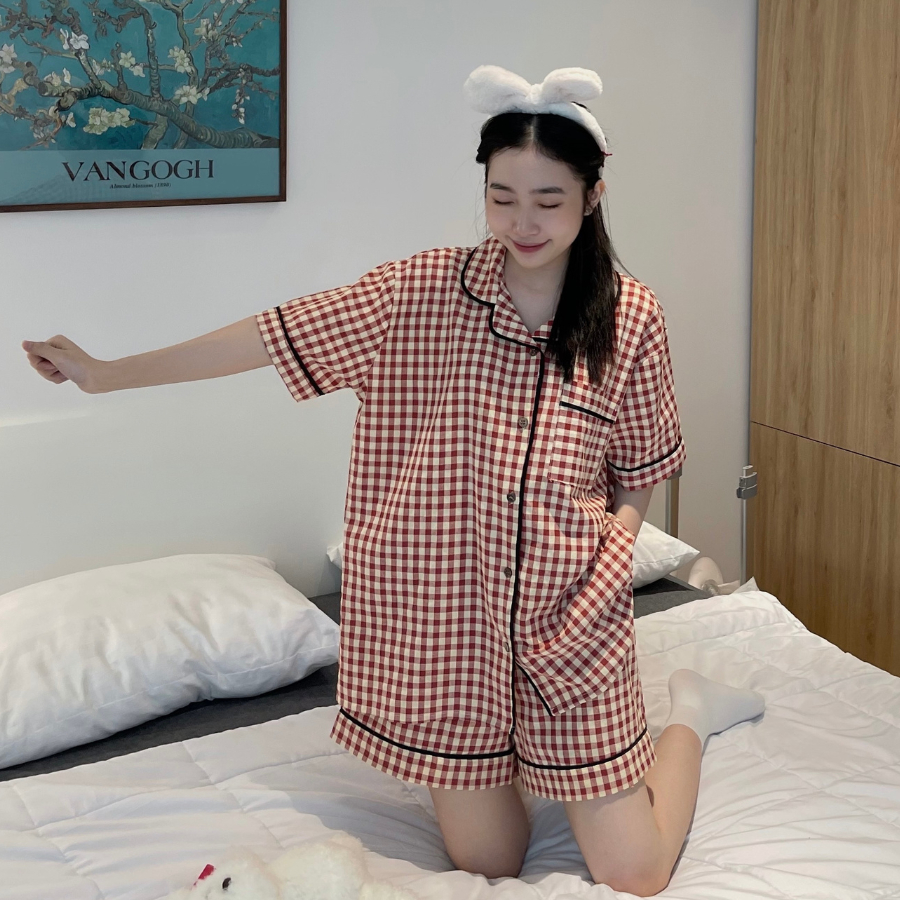 [ Phiên bản cao cấp ] Set bộ đồ ngủ caro thô Hàn 100% cotton thoáng mát ...