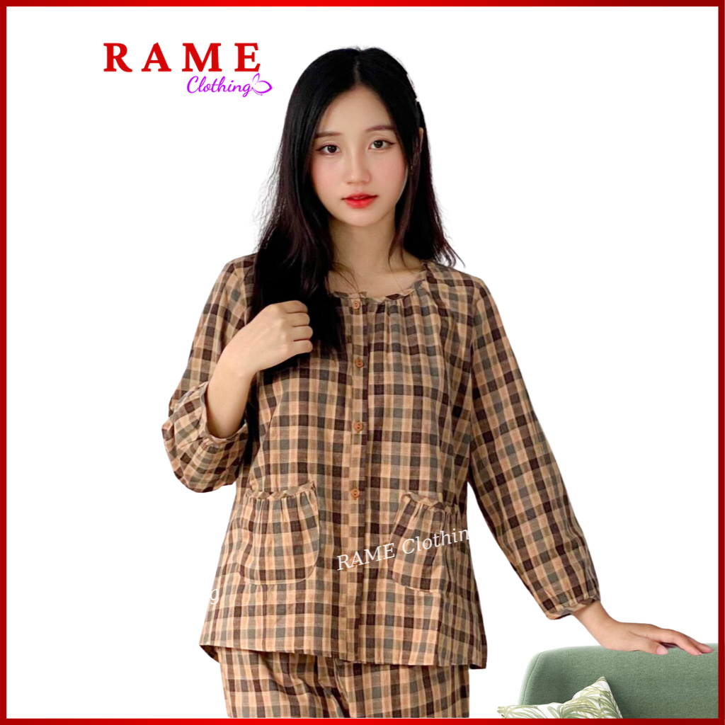 Đồ Ngủ Pijama Đồ Bộ Nữ Dài Tay RAME Chất Thô Mềm Mại Mát Có Túi Kẻ Caro DT01 | Shopee Việt Nam