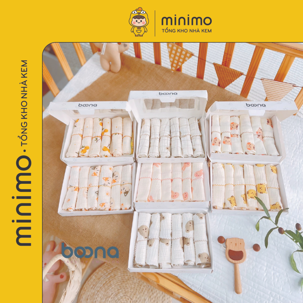 [BOONA] Set 6 khăn xô sữa cho bé Boona,vài sợi muslin cao cấp, mềm mịn với nàn da bé, nhà Minimo ...