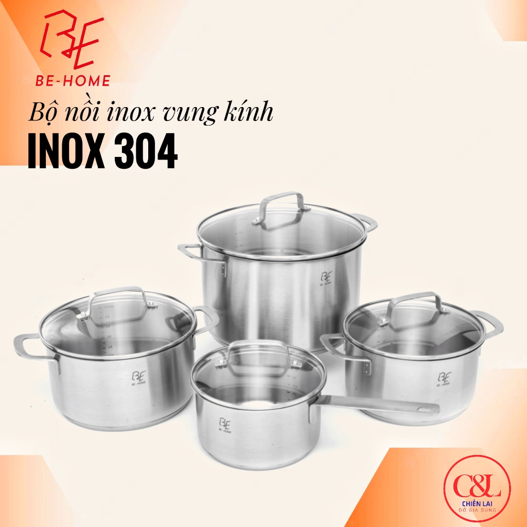 Bộ nồi inox Behome 4 chiếc vung kính | Shopee Việt Nam
