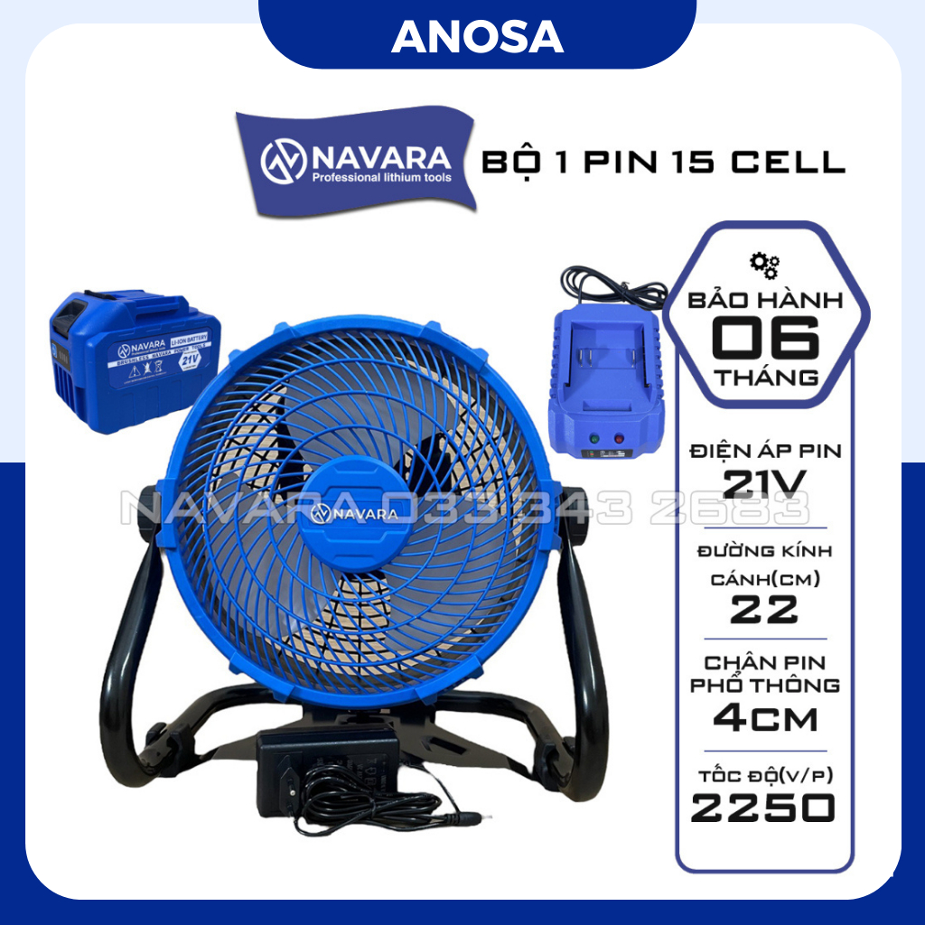 Quạt tích điện pin Navara 9002, Đường kính cánh quạt 22cm Chân pin phổ ...