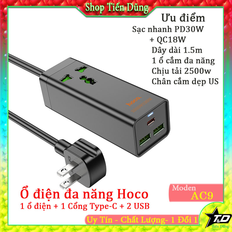 Ổ cắm điện đa năng Hoco AC9 sạc nhanh PD 30W cổng typeC + QC18W có 2 ...