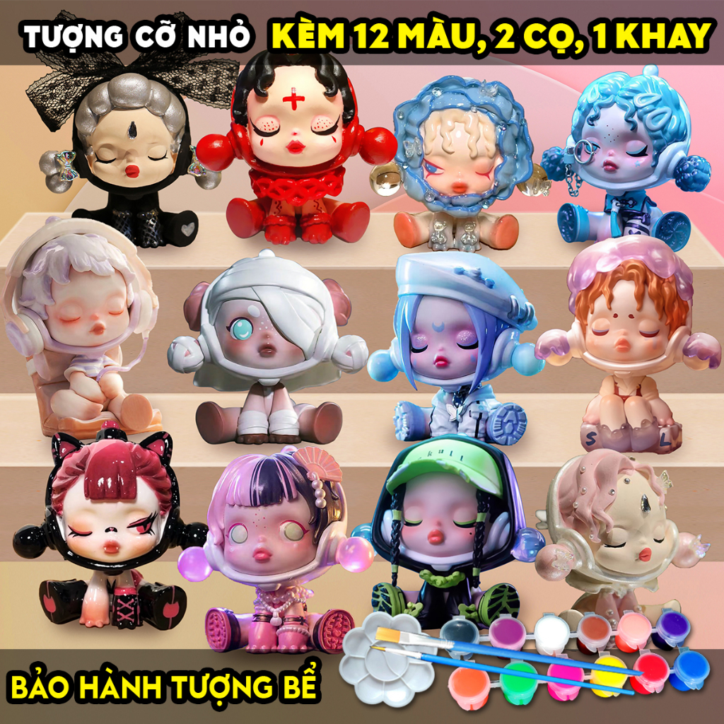 Tượng tô màu, SET 12 TƯỢNG SKULL PANDA 2D, size S, KÈM 20 MÀU 2 CỌ 1 ...