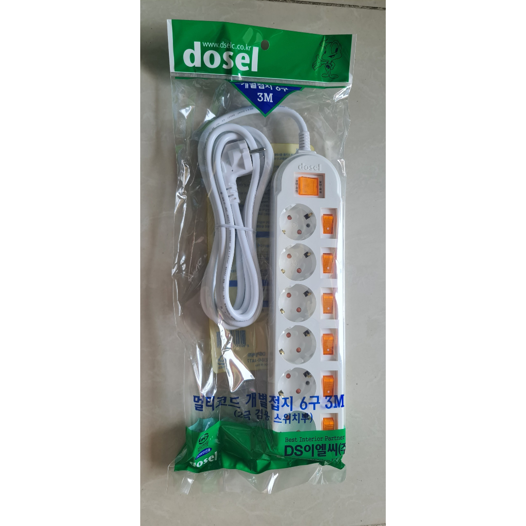 Ổ cắm điện đa năng Hàn quốc Dosel 6 lỗ 7 công tắc có tiếp địa, dây kéo dài 3 mét /DM2222.3M ...
