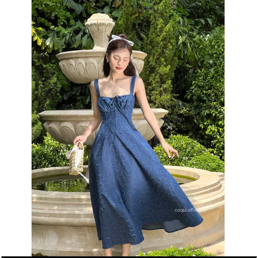 ( Pass) váy Jean denim wax hoa BLOSSOM DENIM DRESS - COQUI | Shopee ...
