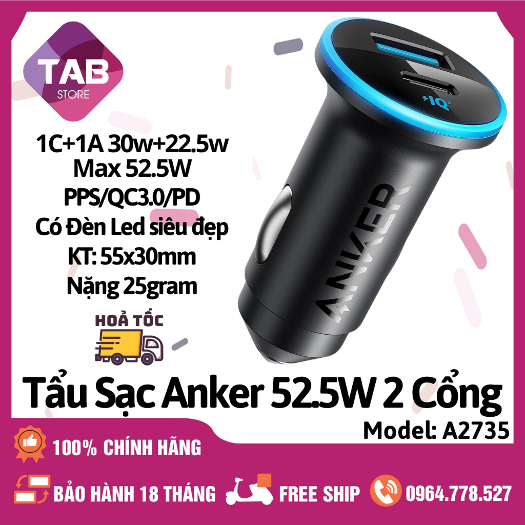 Tẩu Sạc Nhanh Anker 52.5w 2 Cổng PD/PPS/QC3.0 (30w+22.5w) A2735 - Bảo Hành 18 Tháng | Shopee ...