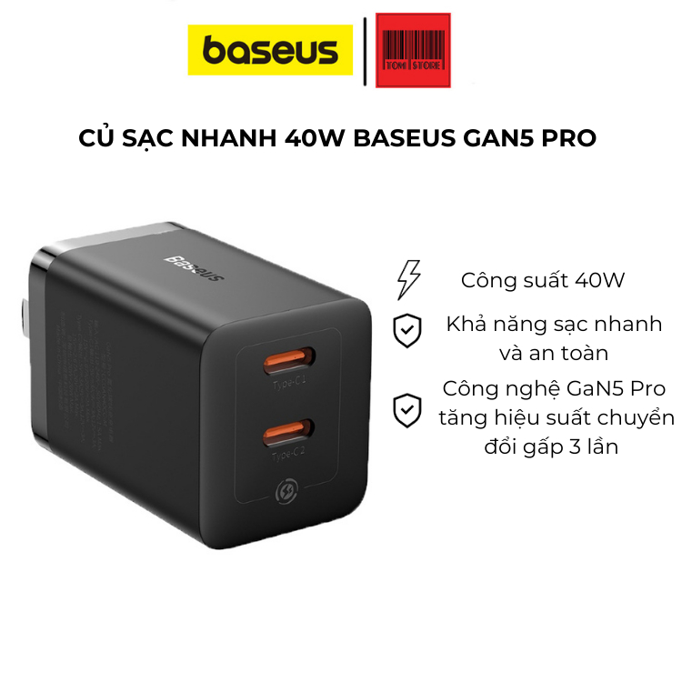 Củ Sạc Nhanh Baseus GaN5 Pro Fast Charger C+C 40W Dùng Cho i.P.h.o.n.e S.a.m.s.u.n.g M.a.c.b.o.o ...