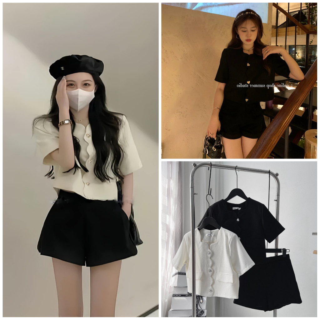 [Hàng 3 Size]:Set Áo Dạ Viền Sóng Cúc Tim 2 Màu + Quần Sooc Dạ Hàng 2 ...