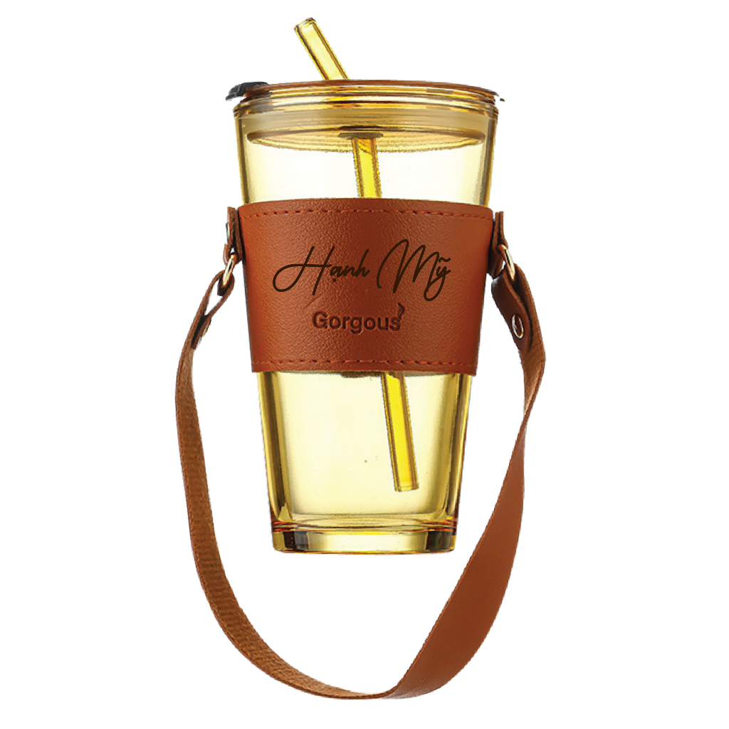 [Miễn Phí khắc Tên] Cốc thủy tinh takeaway Gucgres 450ml có nắp, bao da ...